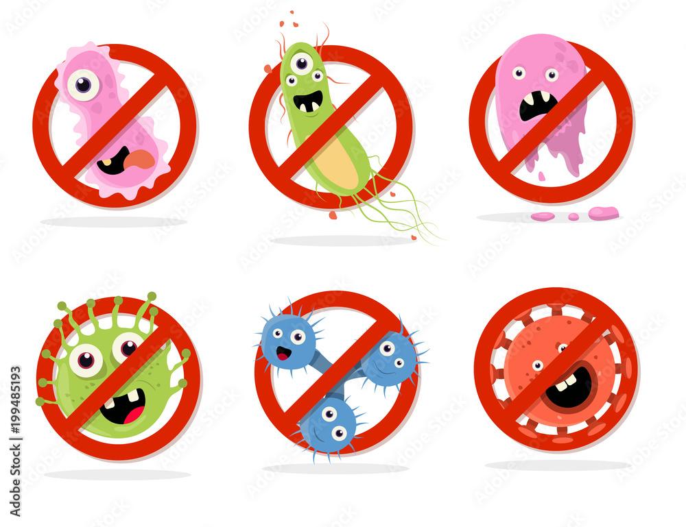 Stop bacteria cartoon vector illustration. No bacteria sign with cute ...