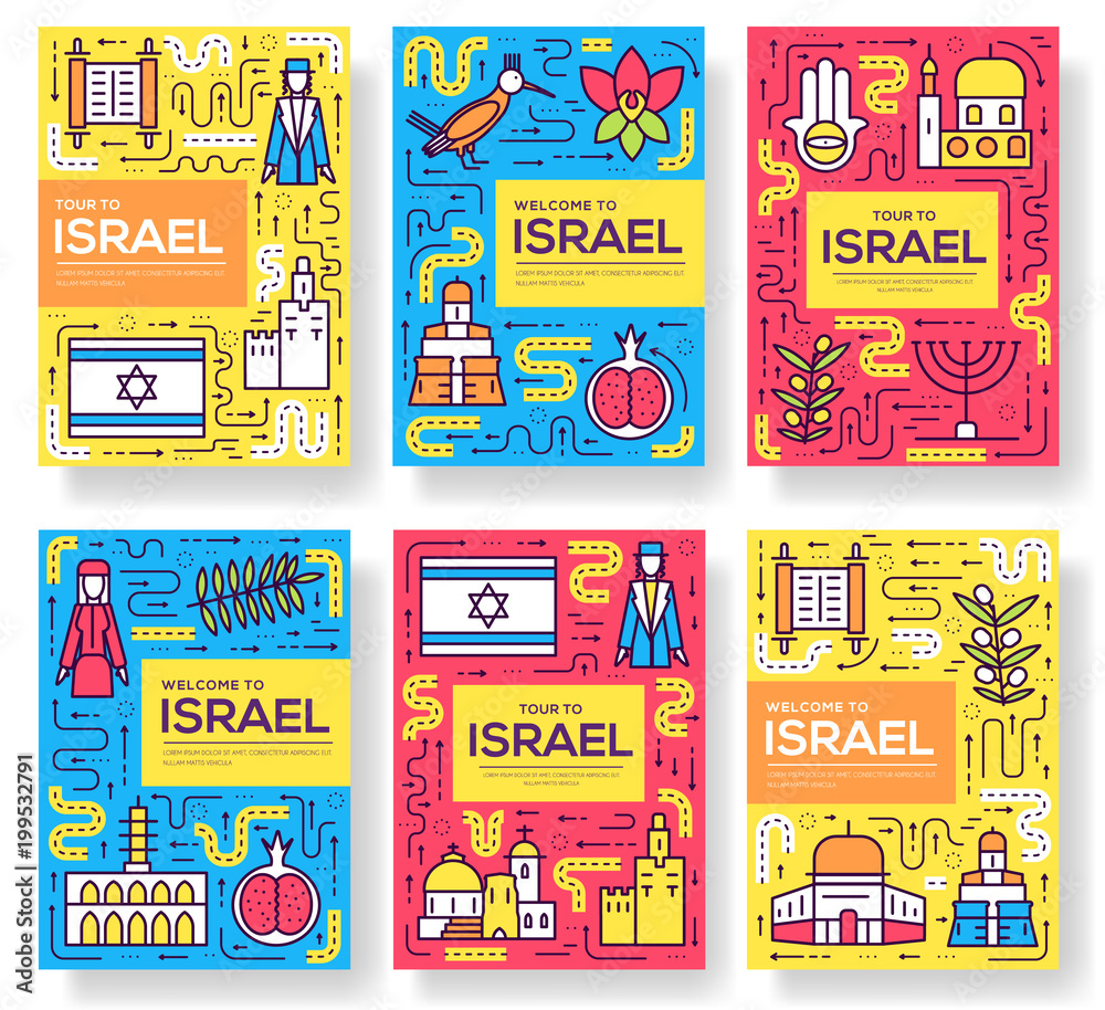 Israel vector brochure cards thin line set. Country template of flyear ...