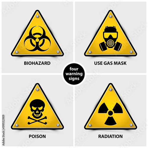 set of warning signs containing four official international hazard ...