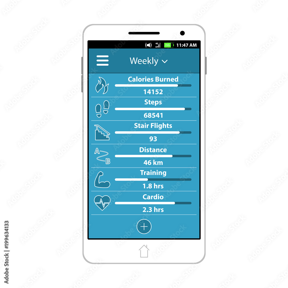 Health And Fitness Smart Phone Application Featuring Taskbar, Menu, Add ...