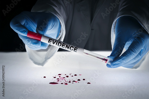 Forensic expert takes a blood sample with a sterile stick collecting ... Forensic expert takes a blood sample with a sterile stick collecting ...