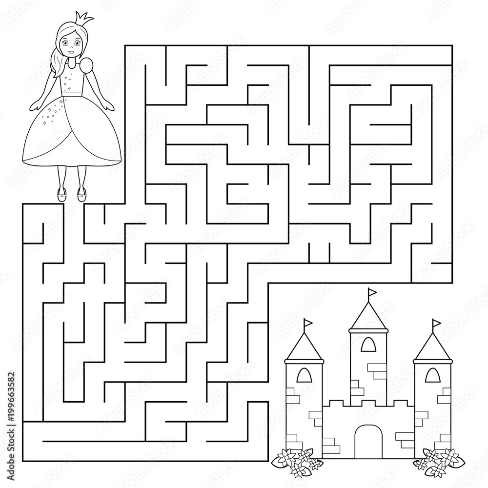 Coloring page, book for children. Maze game, help the princess find ...