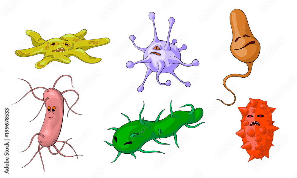 Cartoon style set of funny microbe characters Stock Vector | Adobe Stock