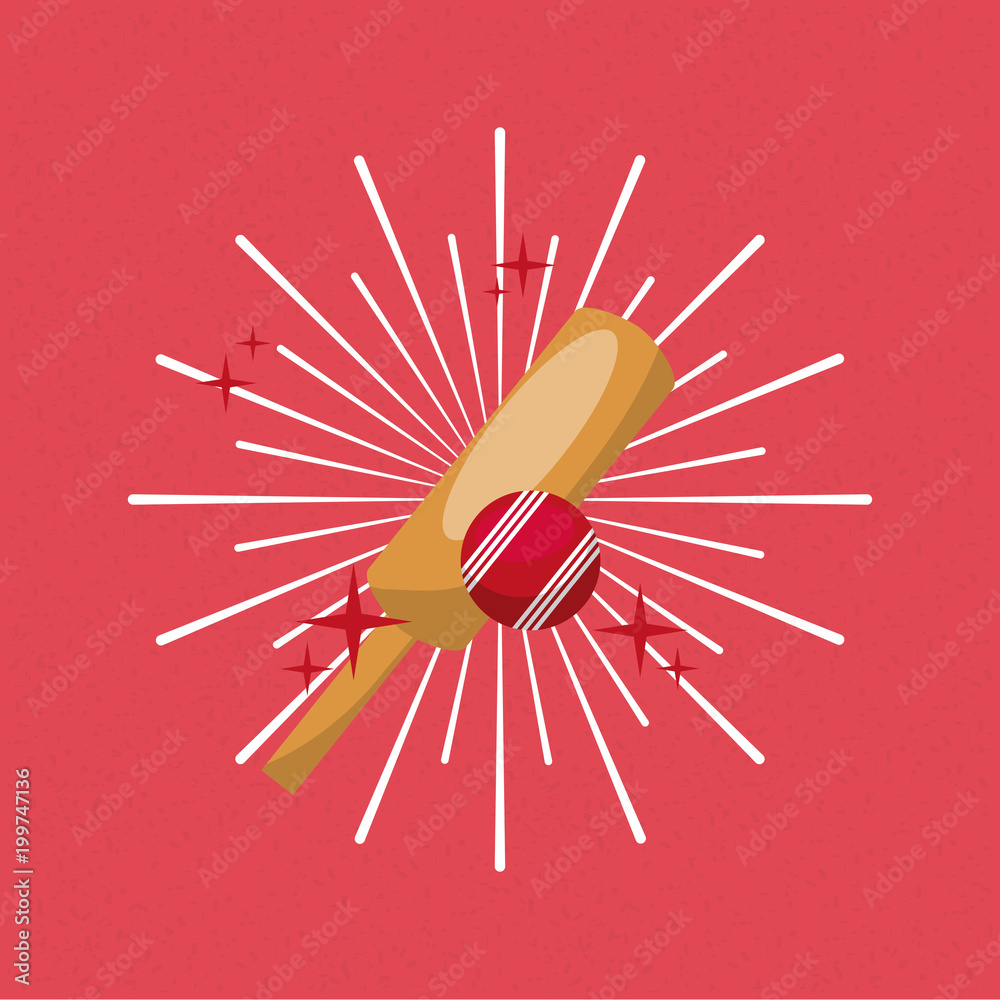 cricket bat and red ball sport sunburst color background vector ...