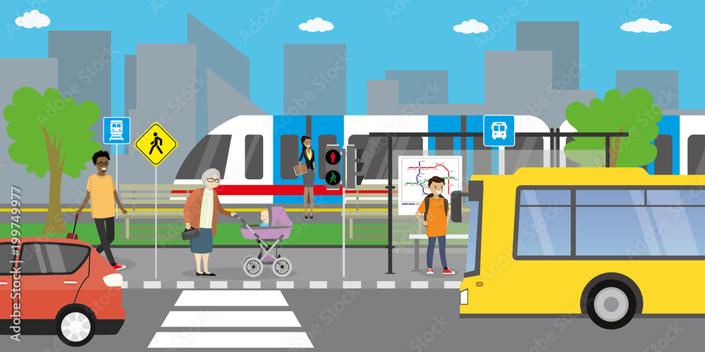 City street and road,public transport stop,different transportation ...