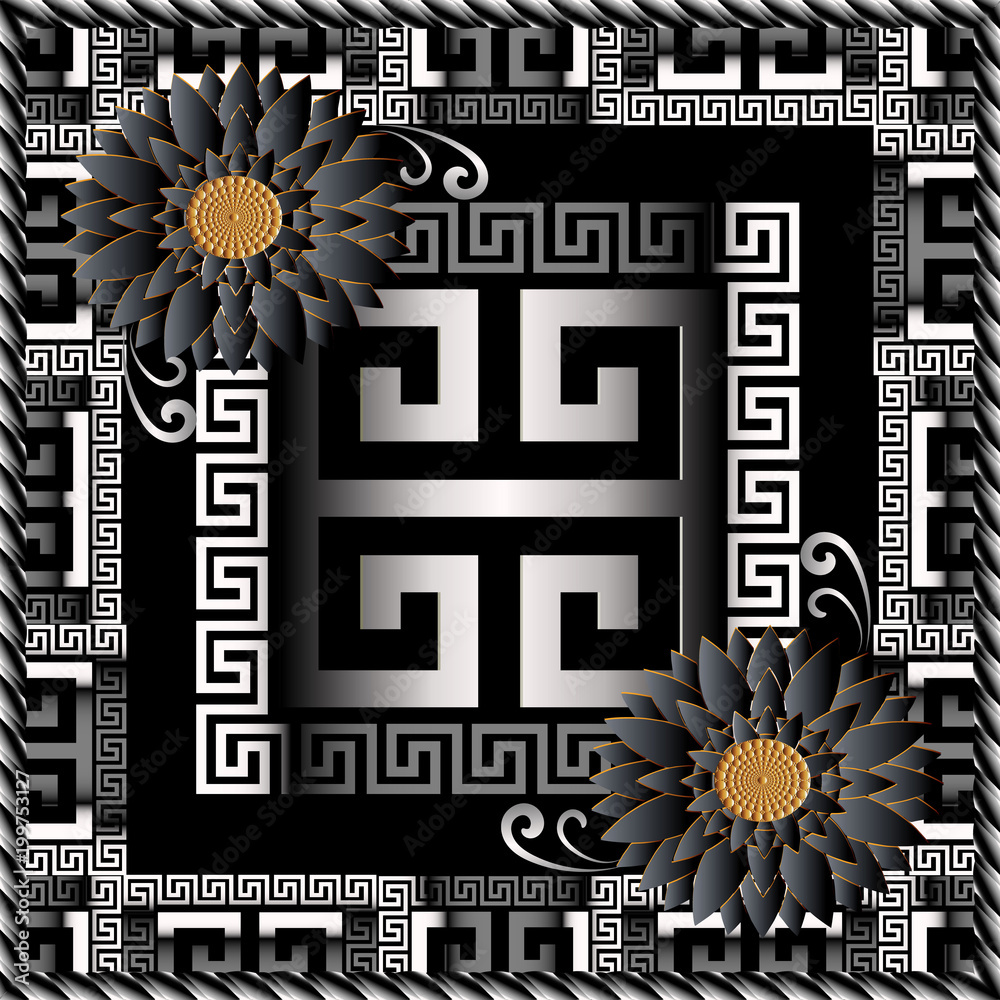Floral greek 3d panel pattern. Vector meander background. Ornamental ...