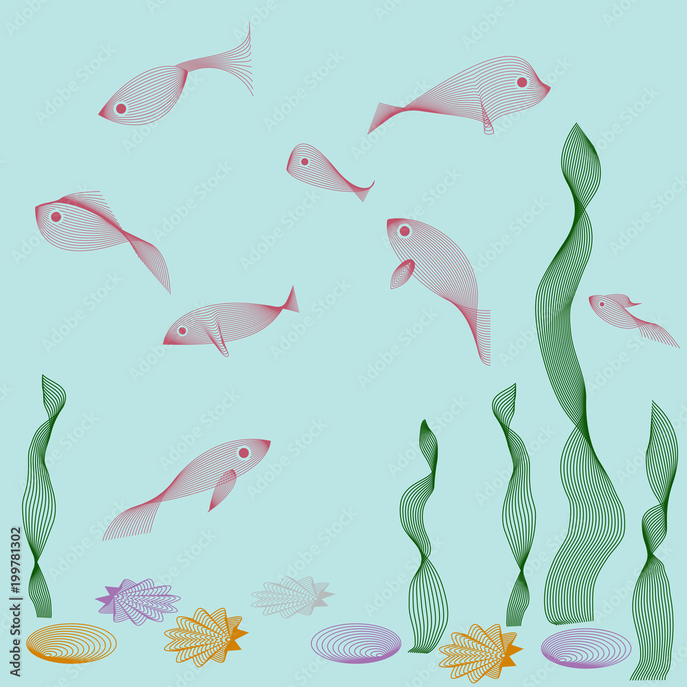 Aquarium objects: fishes, seaweed, shells, made of plenty lines ...