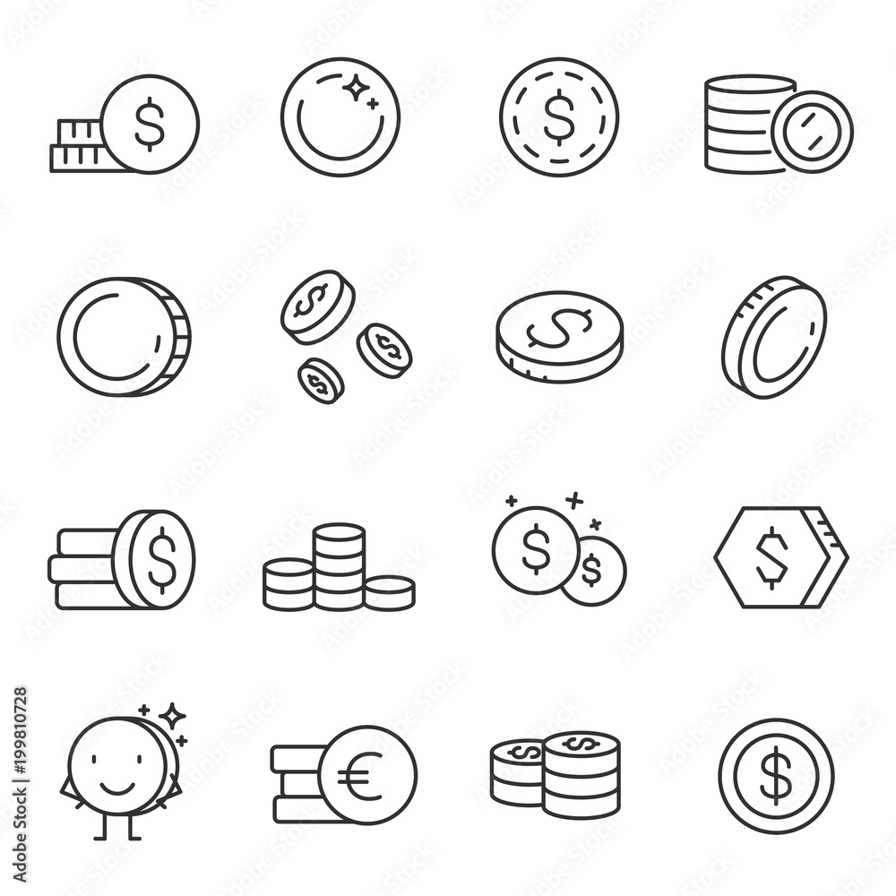 Coin icon set. Collection of coins icons, dollar and euro, linear ...