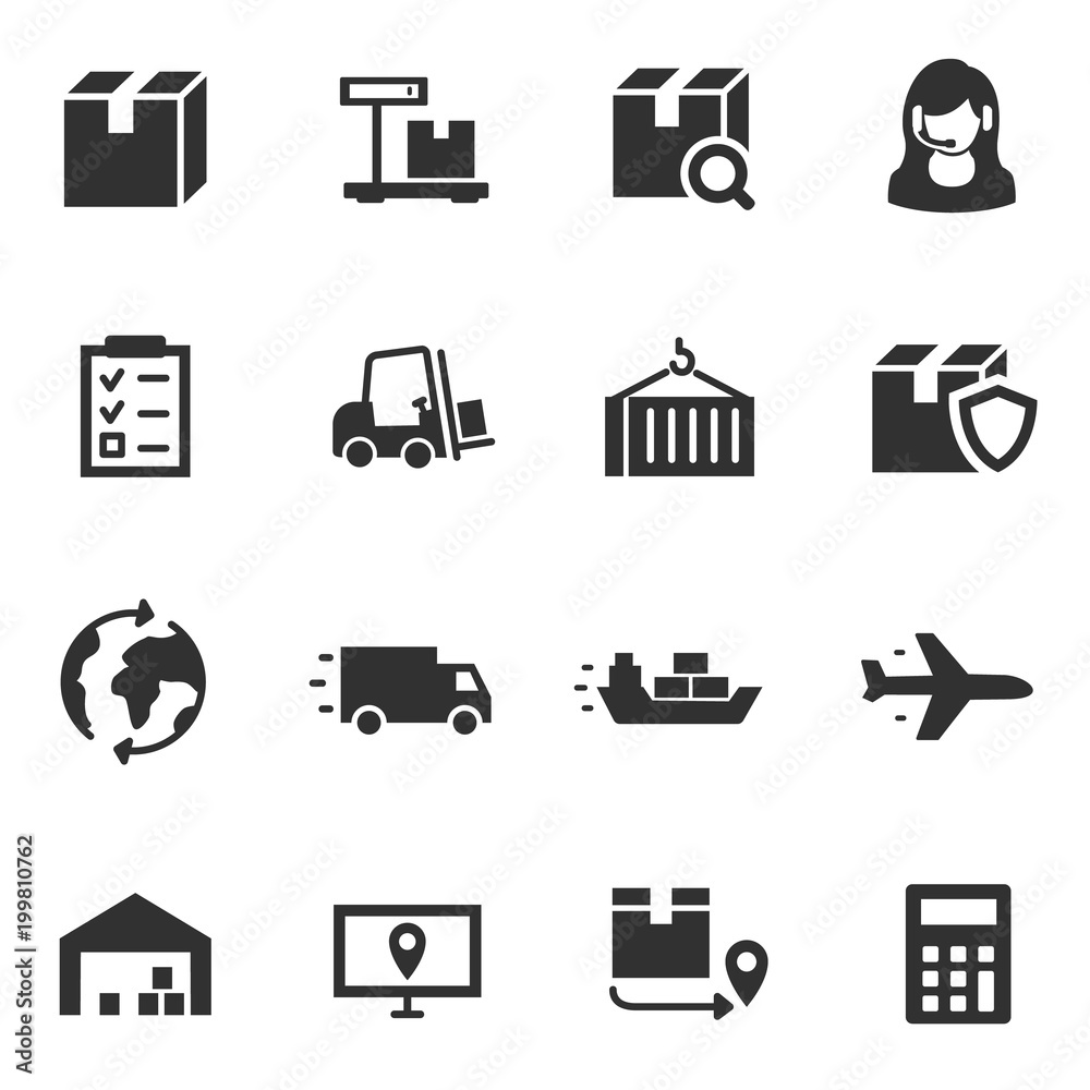Logistics, Monochrome icons set. transportation and delivery of goods ...