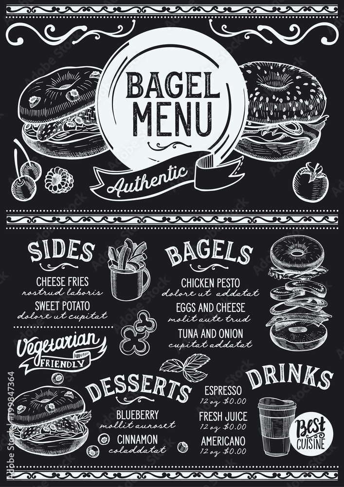 Bagels restaurant menu. Vector sandwich food flyer for bar and cafe ...