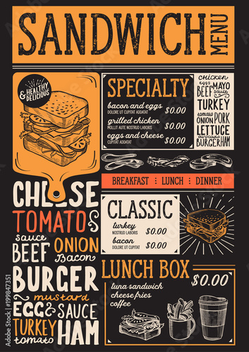 Sandwich restaurant menu. Vector food flyer for bar and cafe. Design ...
