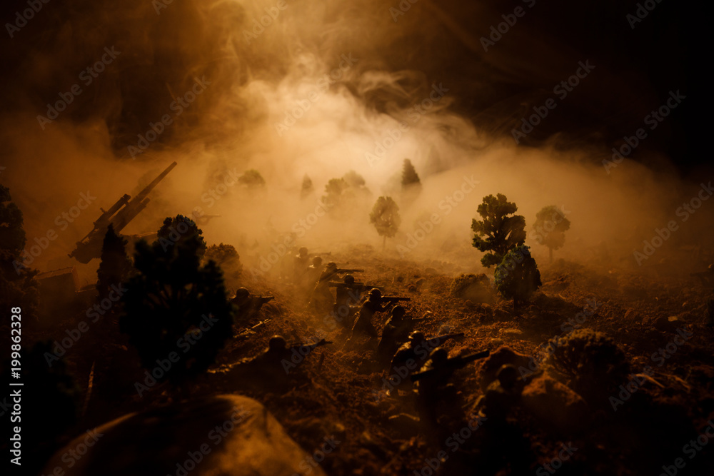 War Concept. Military silhouettes fighting scene on war fog sky ...