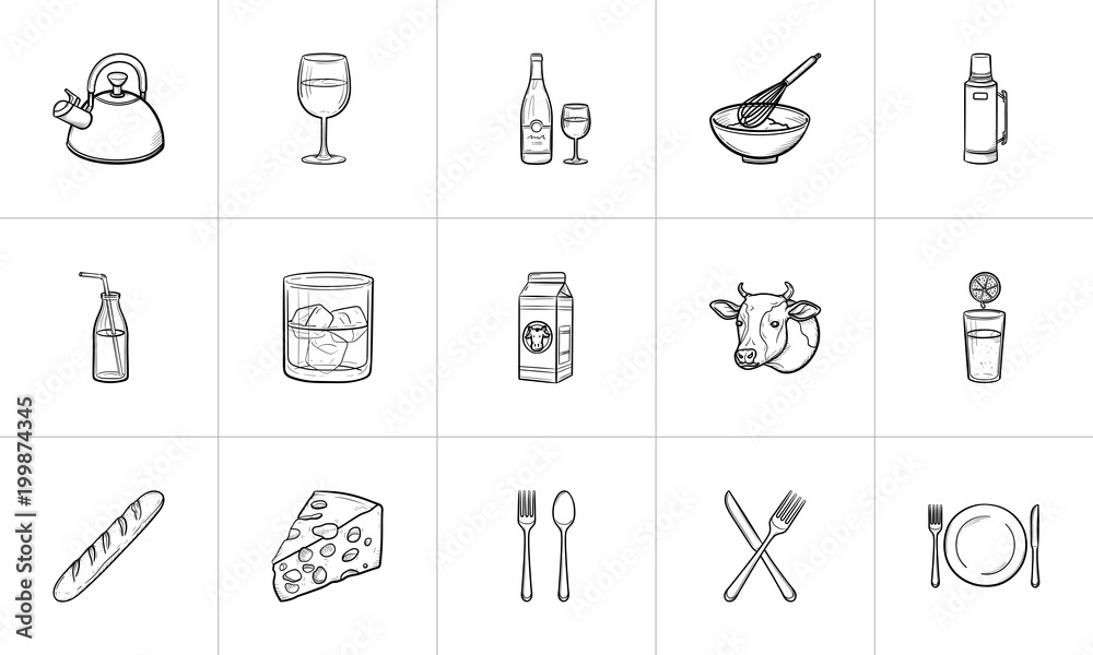 Food and drink hand drawn outline doodle icon set for print, web ...
