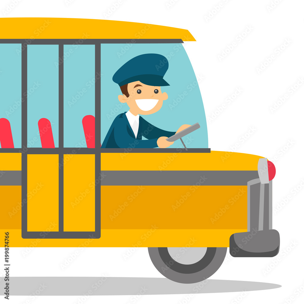 Young caucasian white bus driver sitting at steering wheel. Bus driver ...