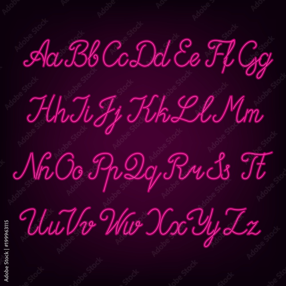 Pink neon script alphabet font. Neon color uppercase and lowercase ...