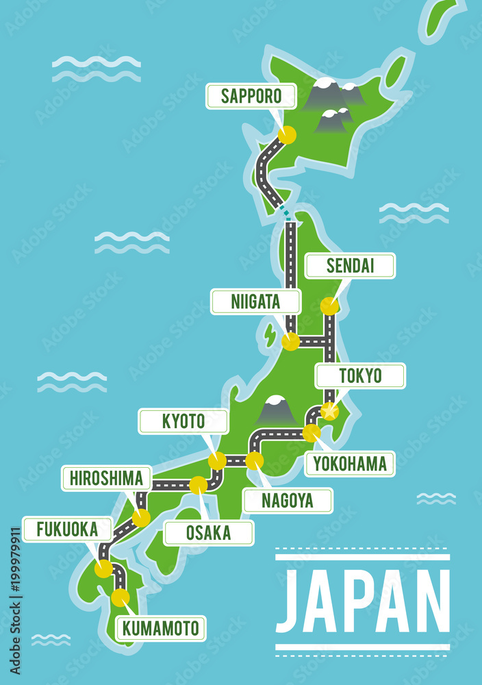 Cartoon vector map of Japan. Travel illustration with japanese main ...