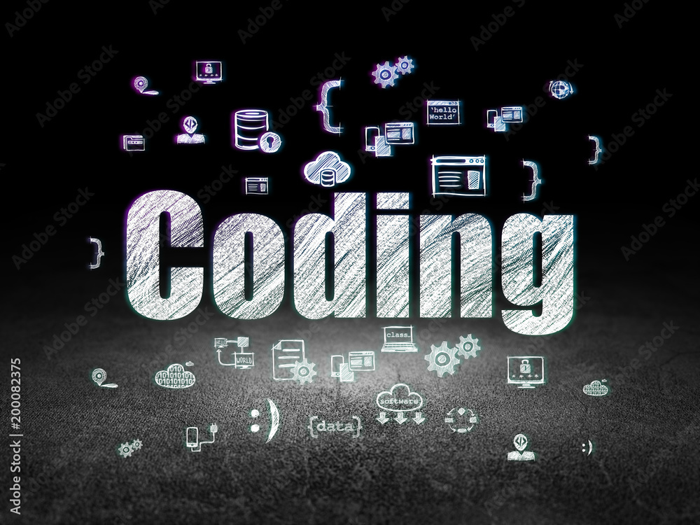 Software concept: Glowing text Coding, Hand Drawn Programming Icons in ...