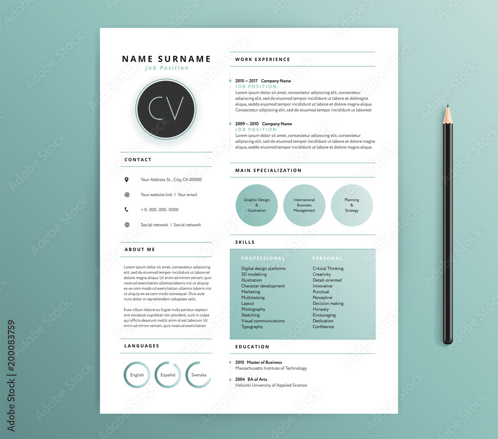 Resume / CV template design - nature feel green color - vector sample ...