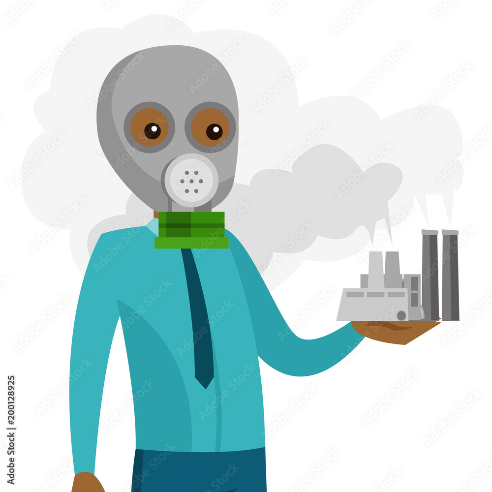 Young african-american man in gas mask holding nuclear power plant with ...