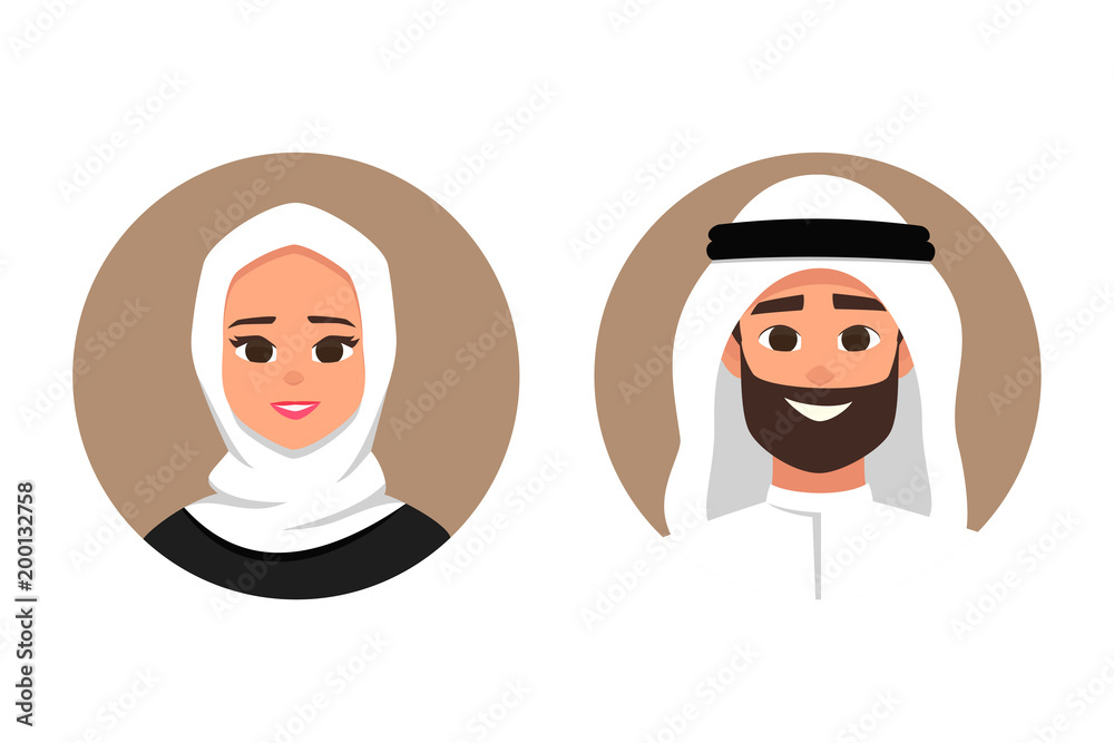Cartoon arab man and woman avatars happy emotion. smiling face of a ...