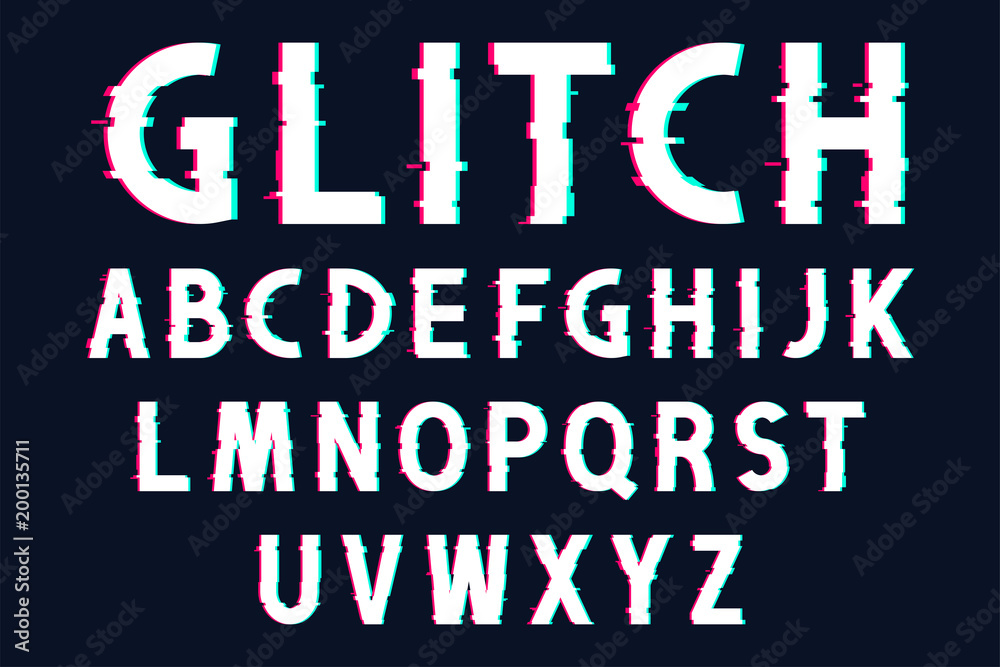 Glitch font with distorted effect in 80s and 90s style. Glitch english ...