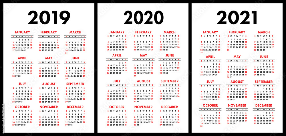Pocket calendar 2019, 2020, 2021 set. Basic simple template. Week ...