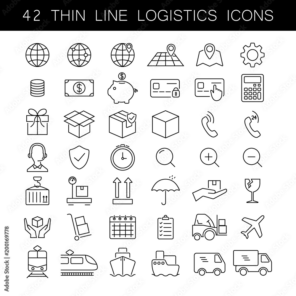 Thin line logistics icon set. Cargo and delivery service icons. Black ...