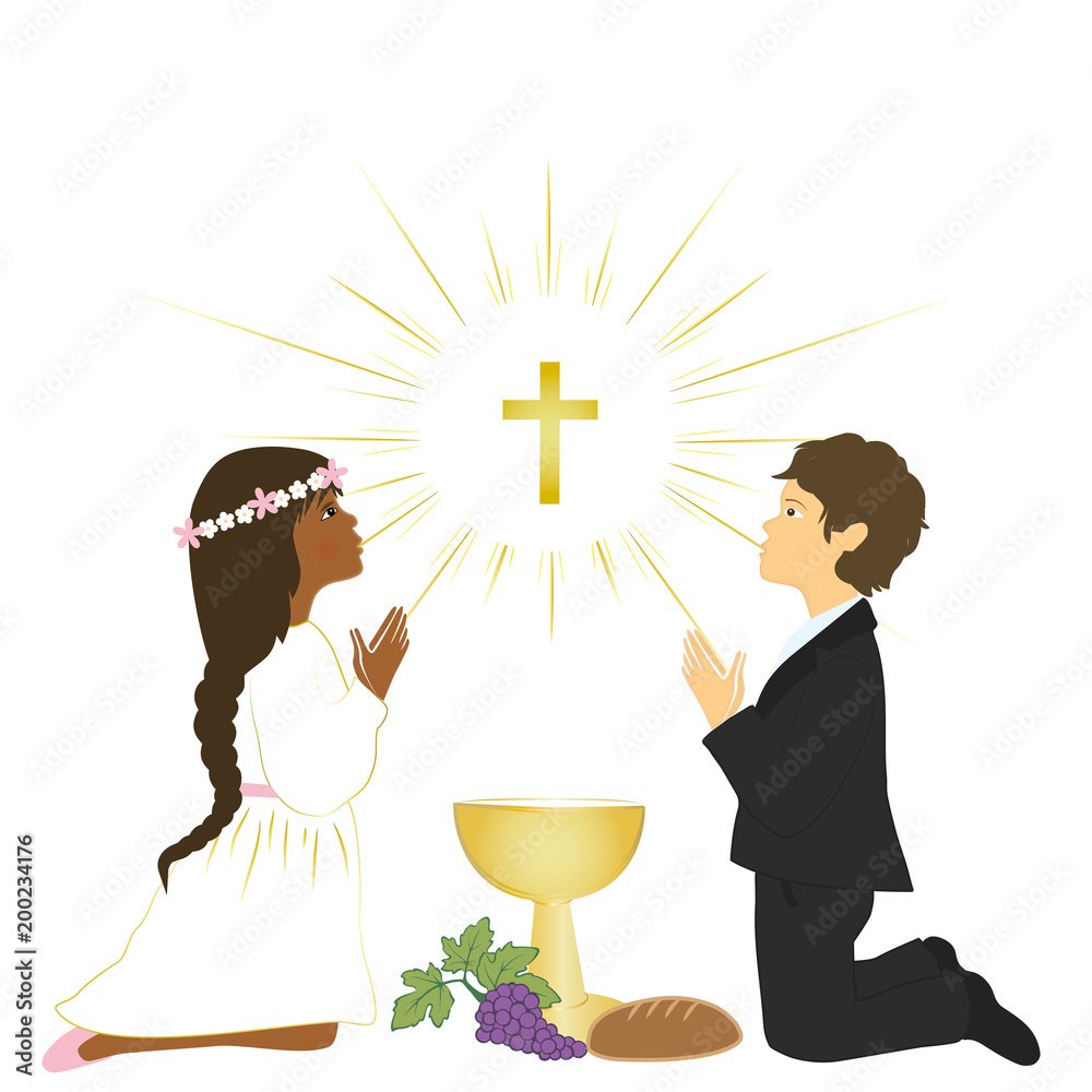Multiracial boy and girl praying on knees and receives Eucharist. Stock ...