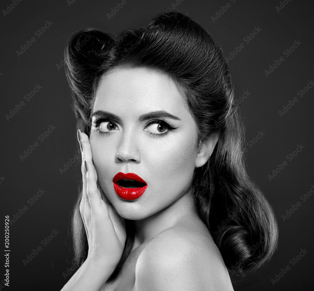 Pin up girl with red lips. Wow face expressions emotion. Retro vintage ...