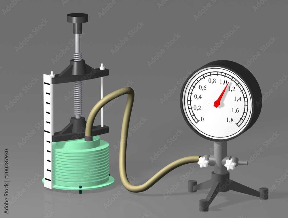 Sylphon, manometer. Science classrooms experiment, 3D illustration ...