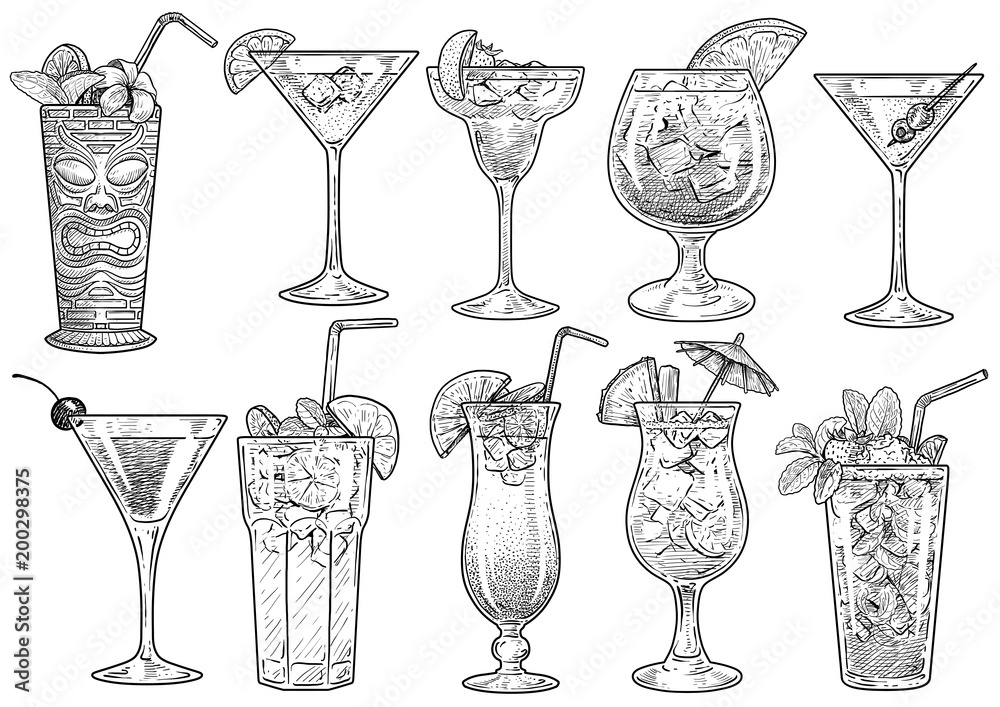 Cocktail illustration, drawing, engraving, ink, line art, vector Stock ...