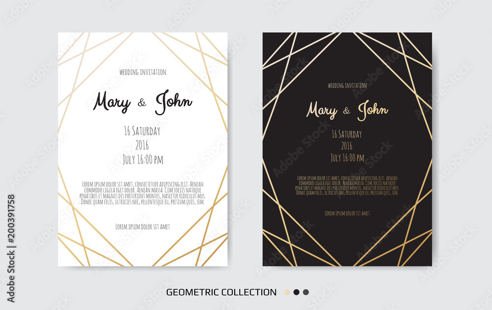 Wedding Invitation, invite card design with Geometrical art lines, gold ...