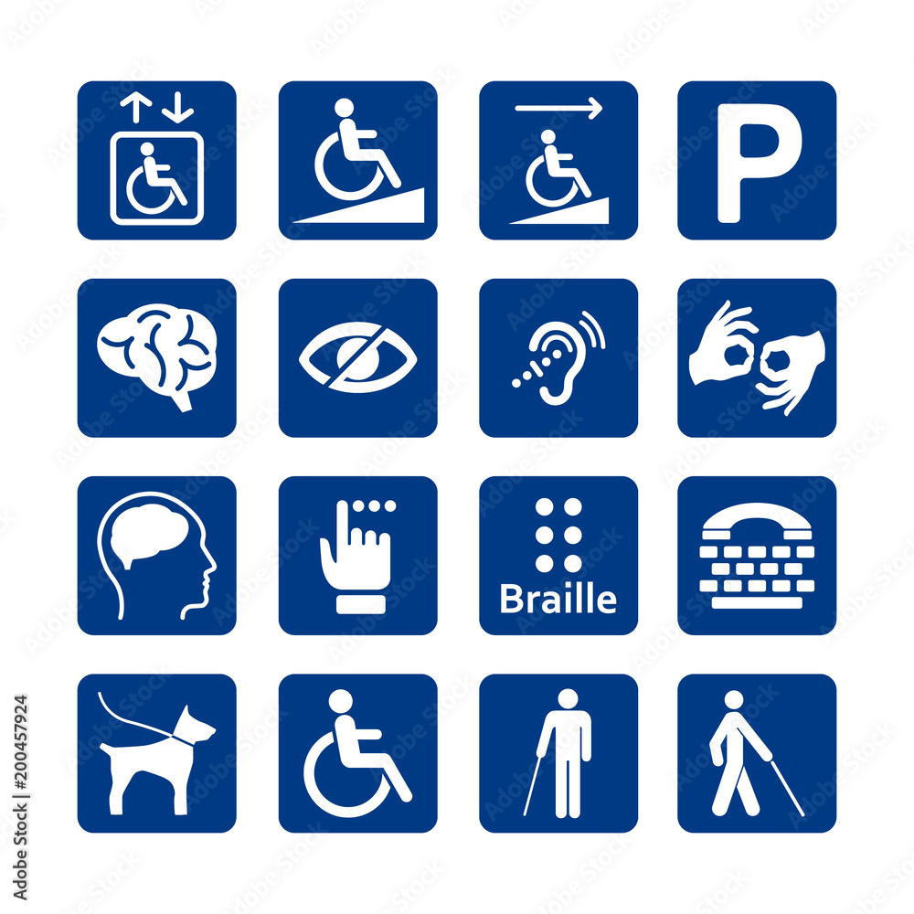 Blue square set of disability icons. Disabled icon set. Mental ...