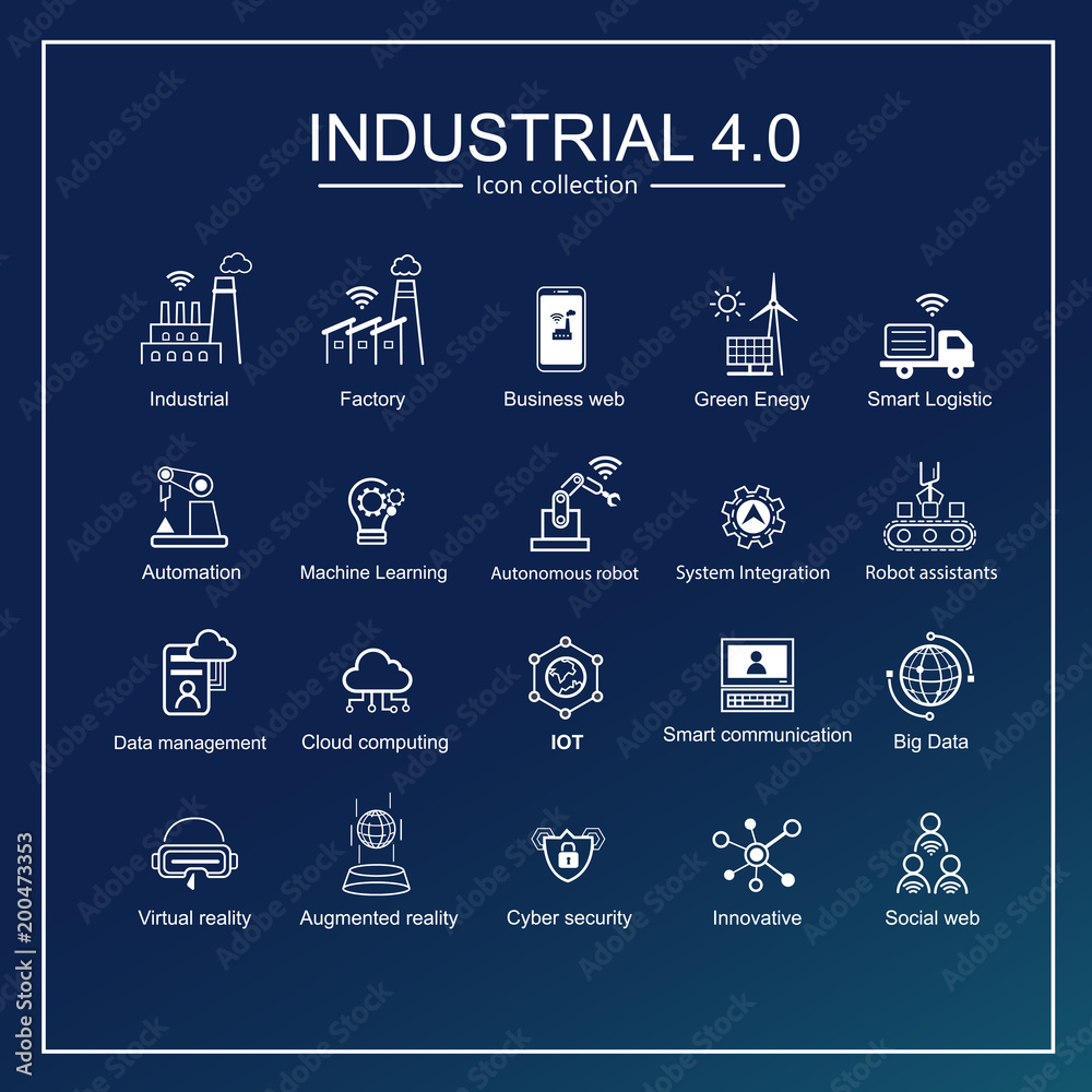 Industry 4.0 and smart productions icon set: smart industrial ...