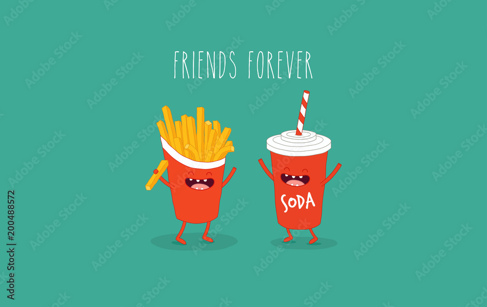 This is a vector illustration. The French fries with cola are friends ...