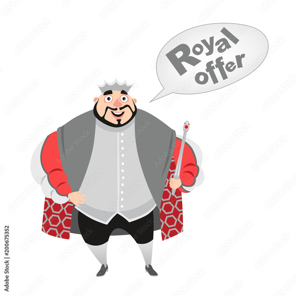 Vector illustration of funny cartoon fat king with a speech bubble ...