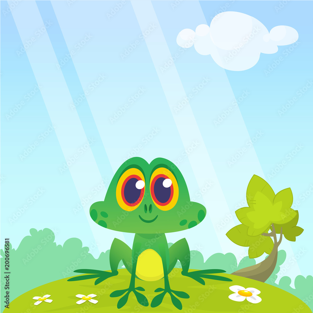 Frog Cartoon Character sitting on the ground isolated on forest ...
