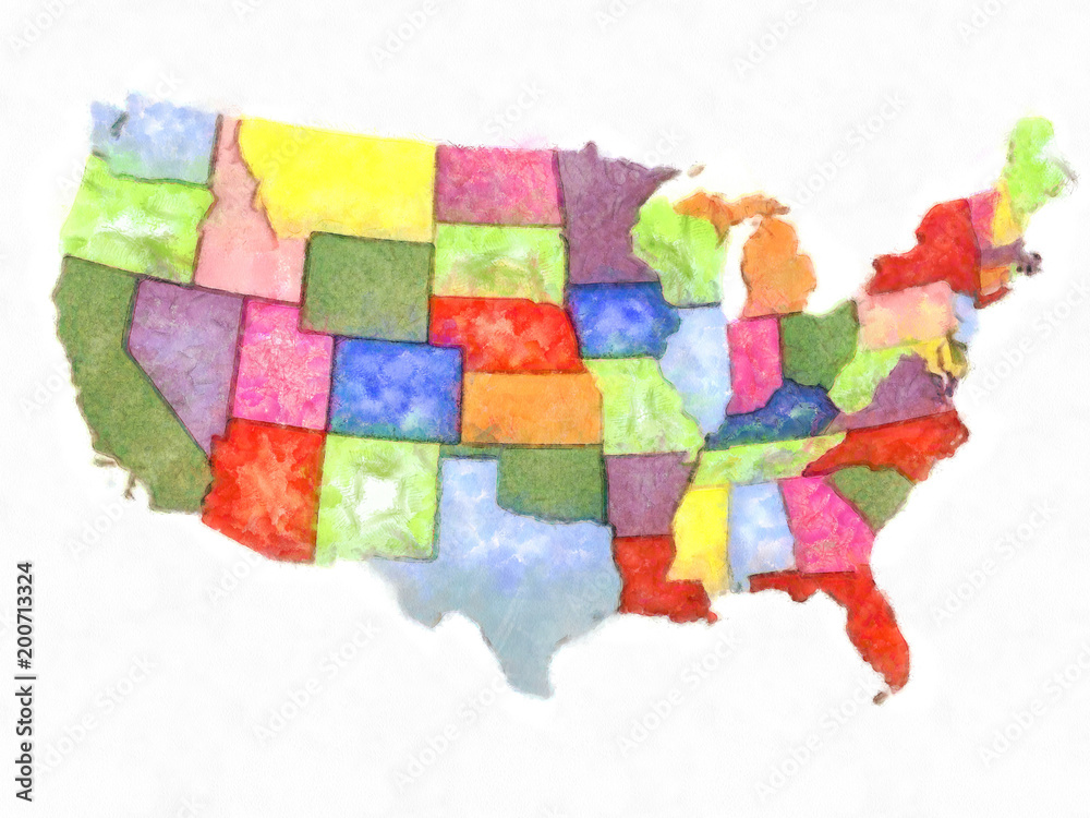 Artistic abstract watercolor political map United States of America ...