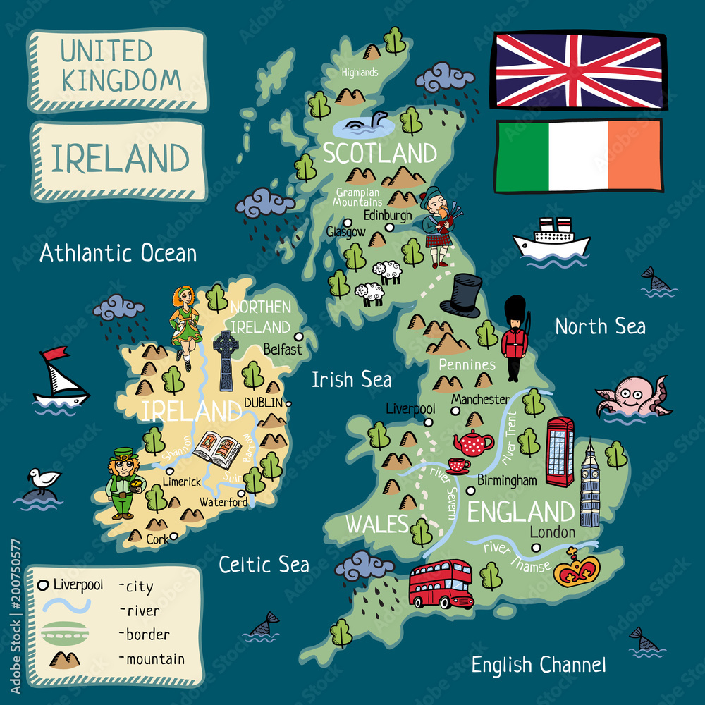 Cartoon map of United Kingdom and Ireland Stock Vector | Adobe Stock