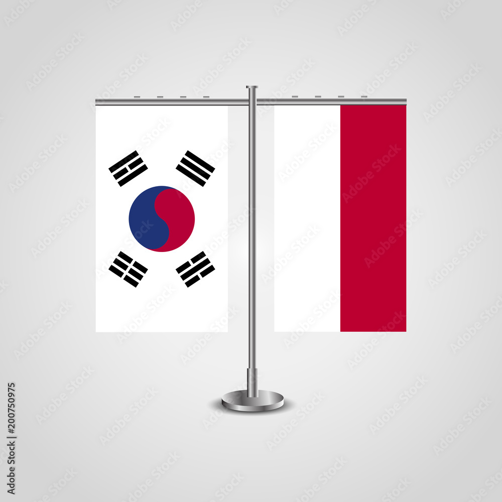 Table stand with flags of South Korea and Indonesia.Two flag. Flag pole ...
