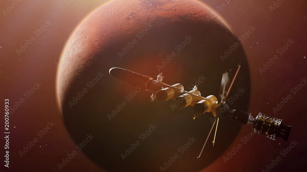 spaceship in orbit of planet Mars, mission to the red planet, solar ...