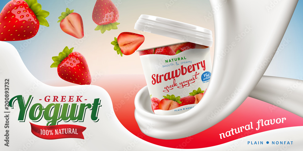Greek yogurt ads with natural strawberry flavor in milk swirl ...