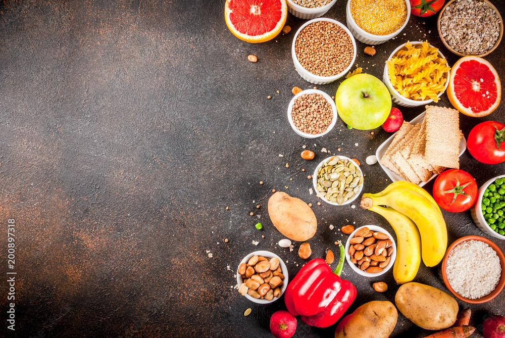 Diet food background concept, healthy carbohydrates (carbs) products ...