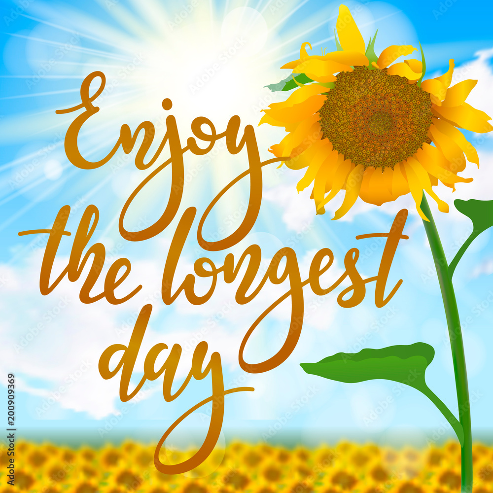 Enjoy the longest day - handwritten lettering quote on sunny realistic ...