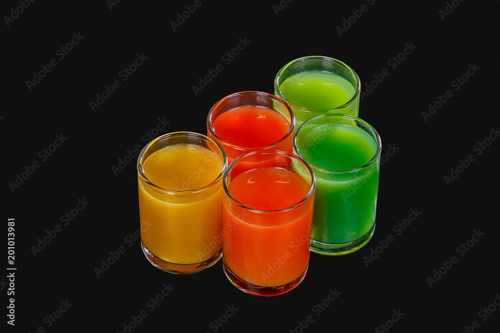 Multicolored opaque cocktails, a set of shots a handful, five servings ...