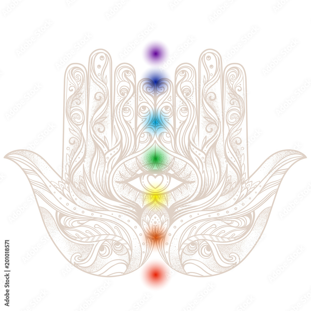 Esoteric tattoo flash. Ornate hand drawn hamsa with chakras. Popular ...