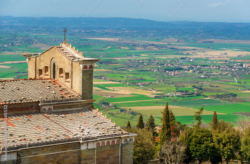 Panoramic view of Val di Chiana Valley from Cortona medieval town with ...