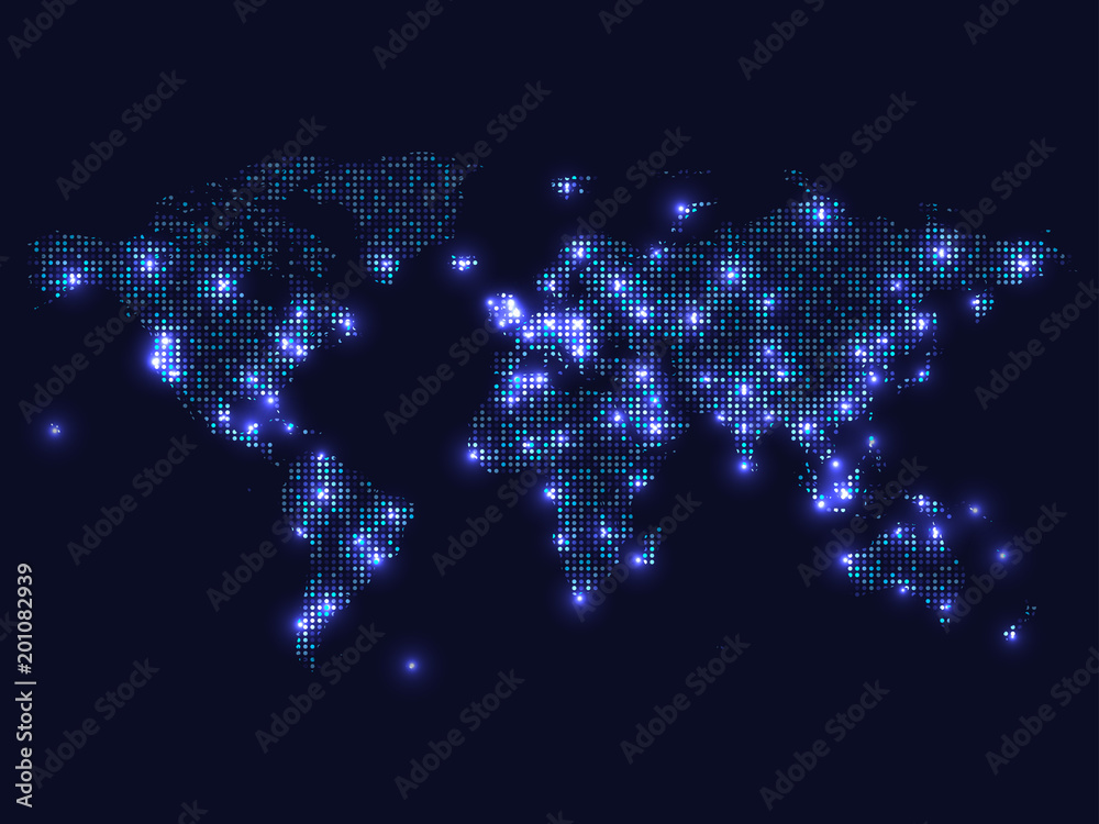 World map. Blue earth map from round dots on dark background. Vector ...