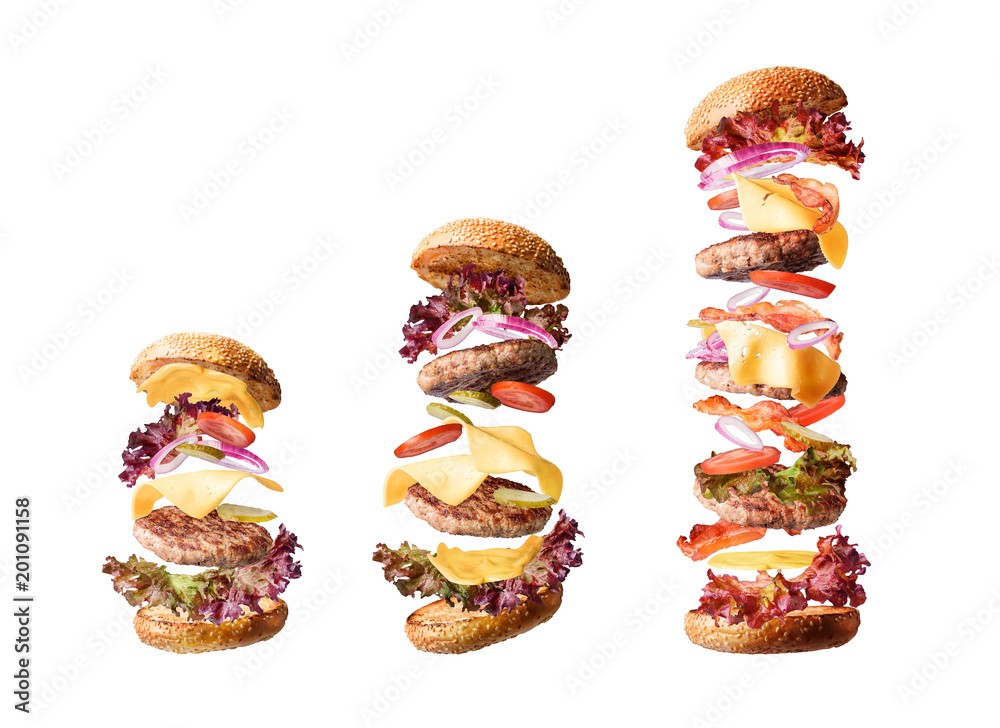 Set of three burgers of different sizes, ordinary, medium and huge ...