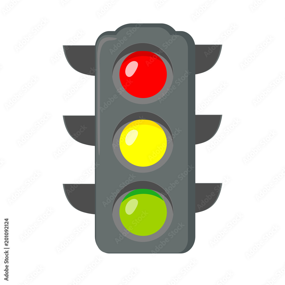 Icon cartoon traffic light. Signals with red light above yellow and ...